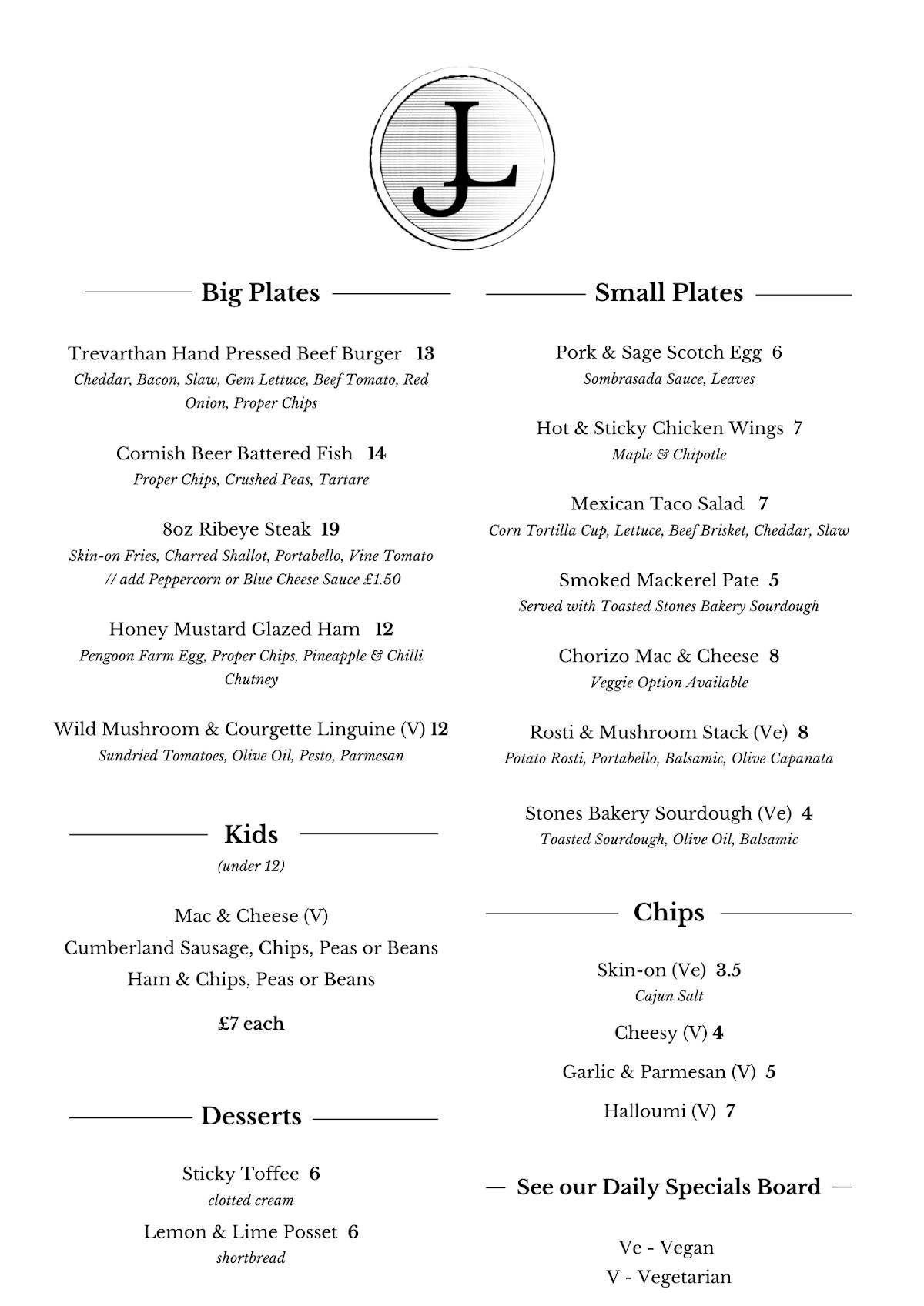 Menu at Jacobs Ladder pub & bar, Falmouth