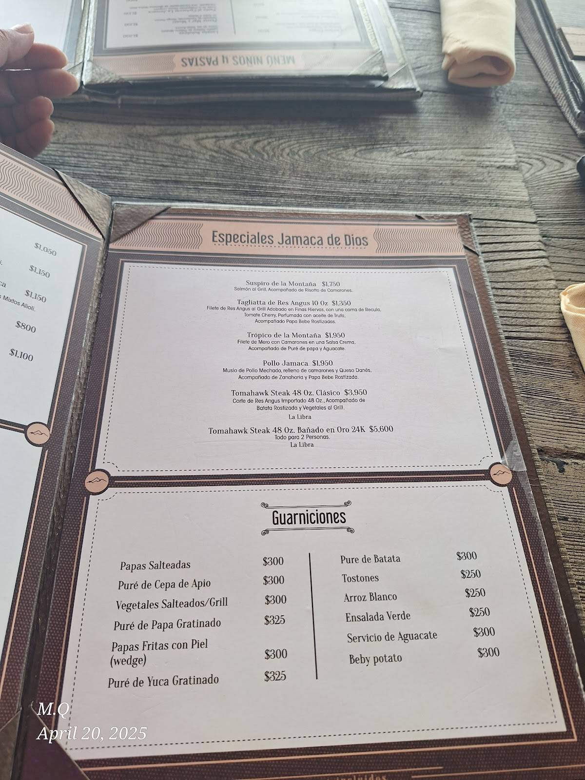 Carta de Restaurante Jamaca de Dios, Dominicana, Carretera Palo Blanco