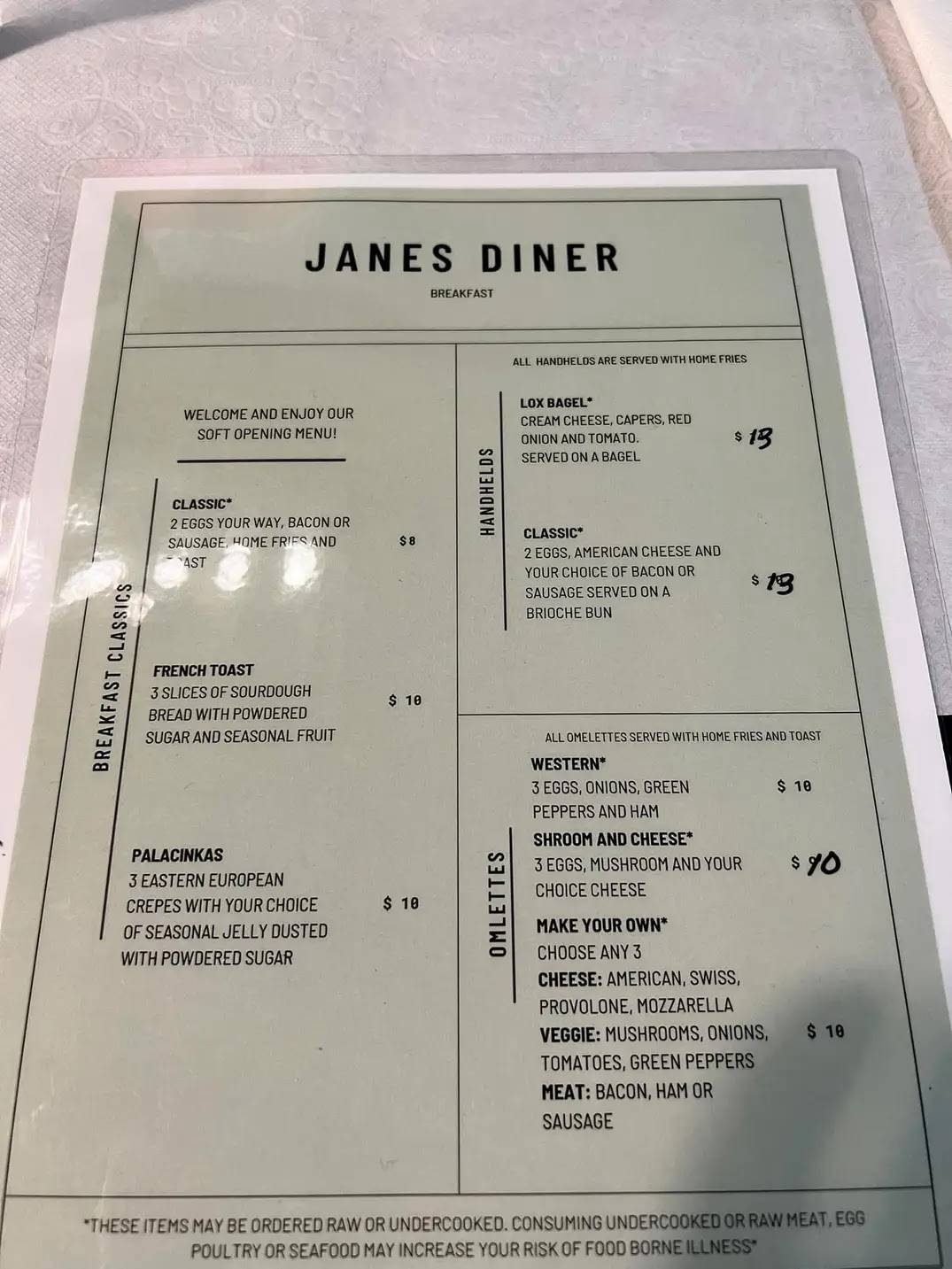 Menu at Jane's Diner restaurant, Medina