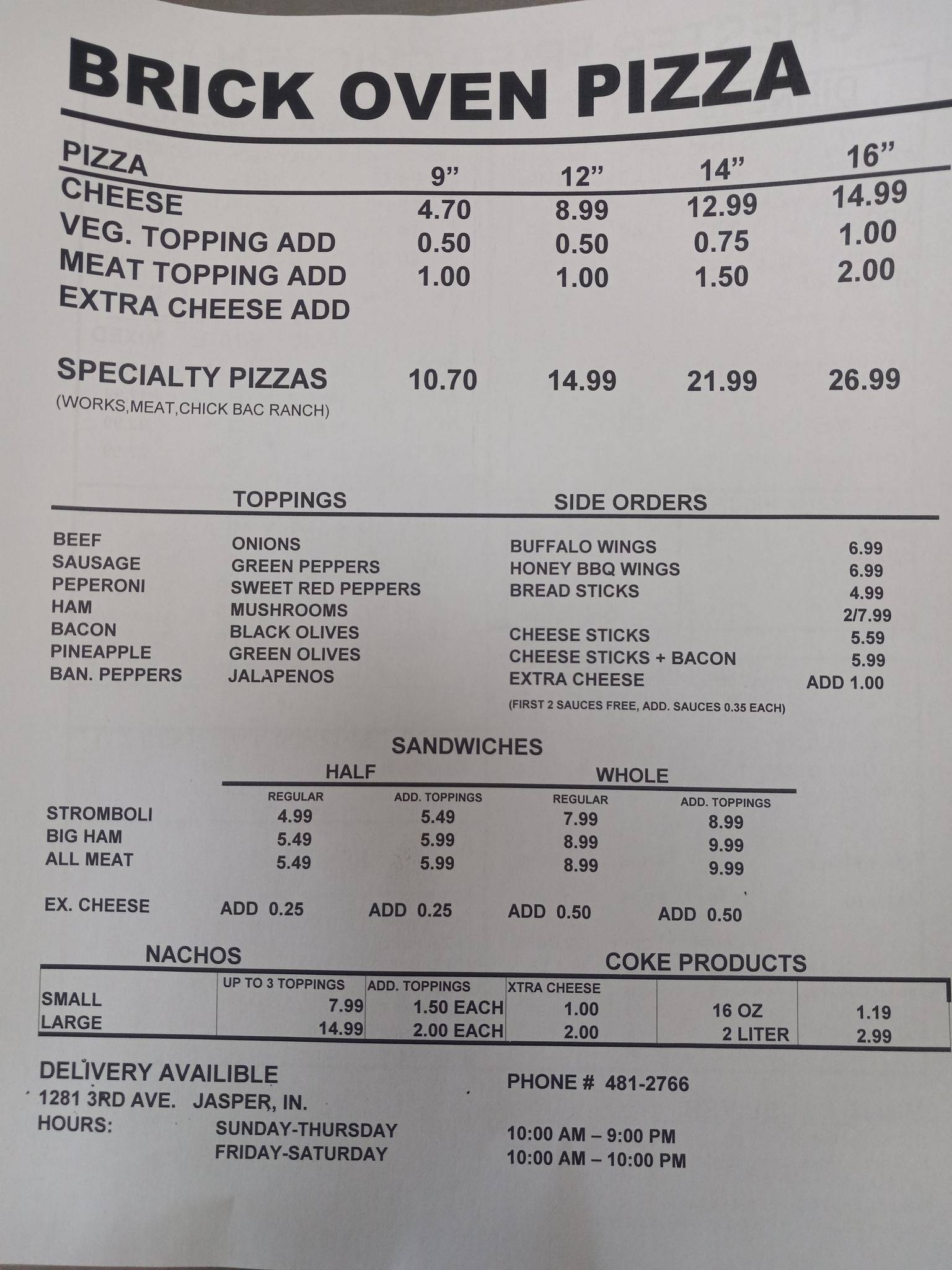 Menu at Brick Oven Pizza pizzeria, Jasper, Third Ave