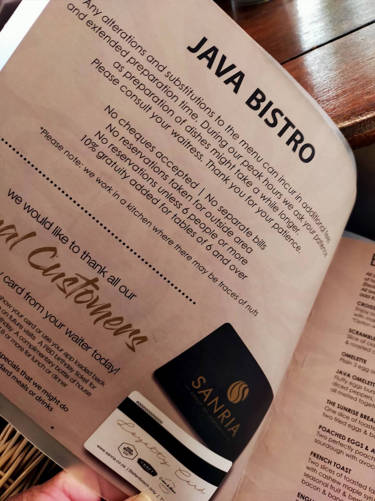 Menu at Java Cafe/Bistro Stellenbosch, Stellenbosch, 8 Jan Katz Building