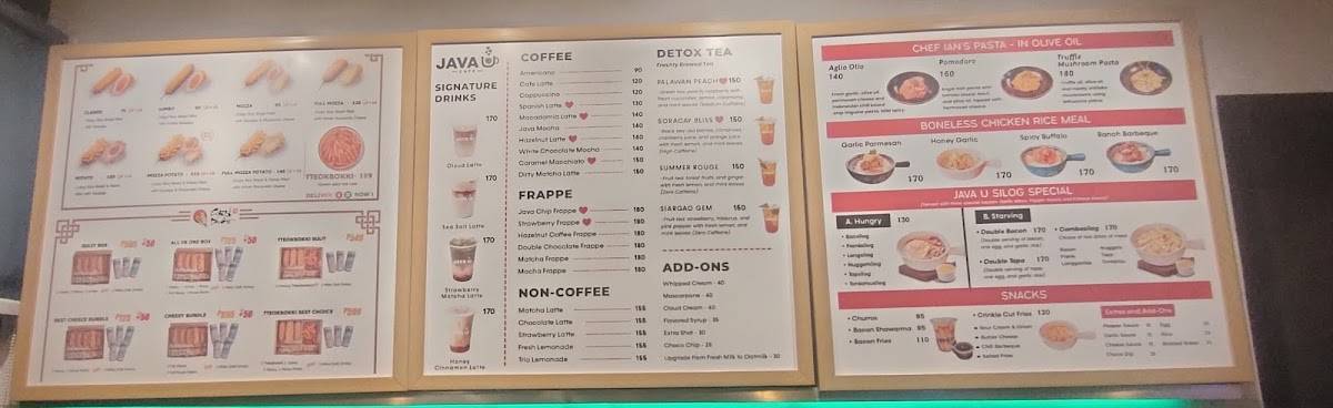Menu at Java U Cafe - E Rodriguez QC, Quezon City