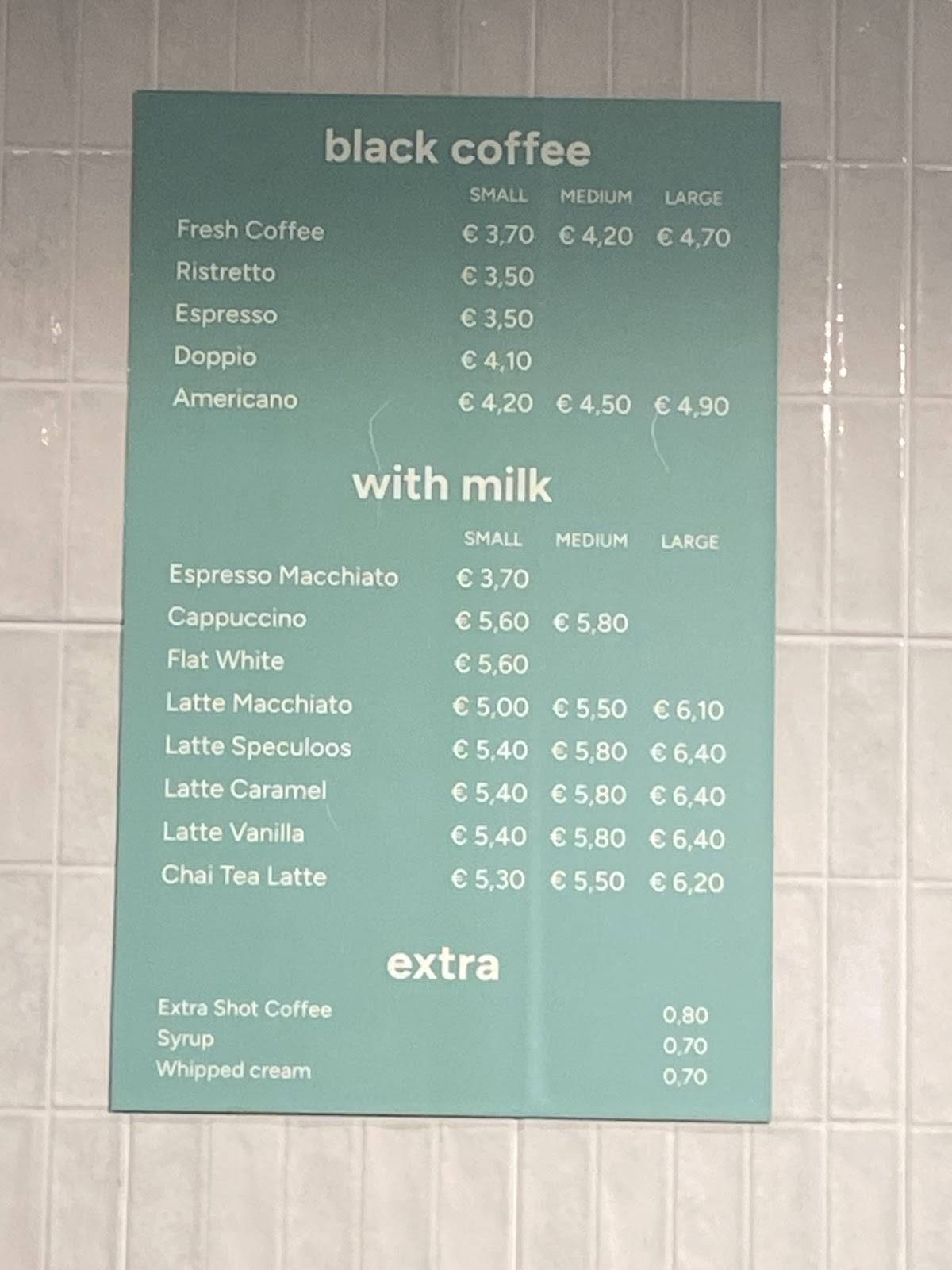 Menu at Java, Zaventem, Brussels Airport