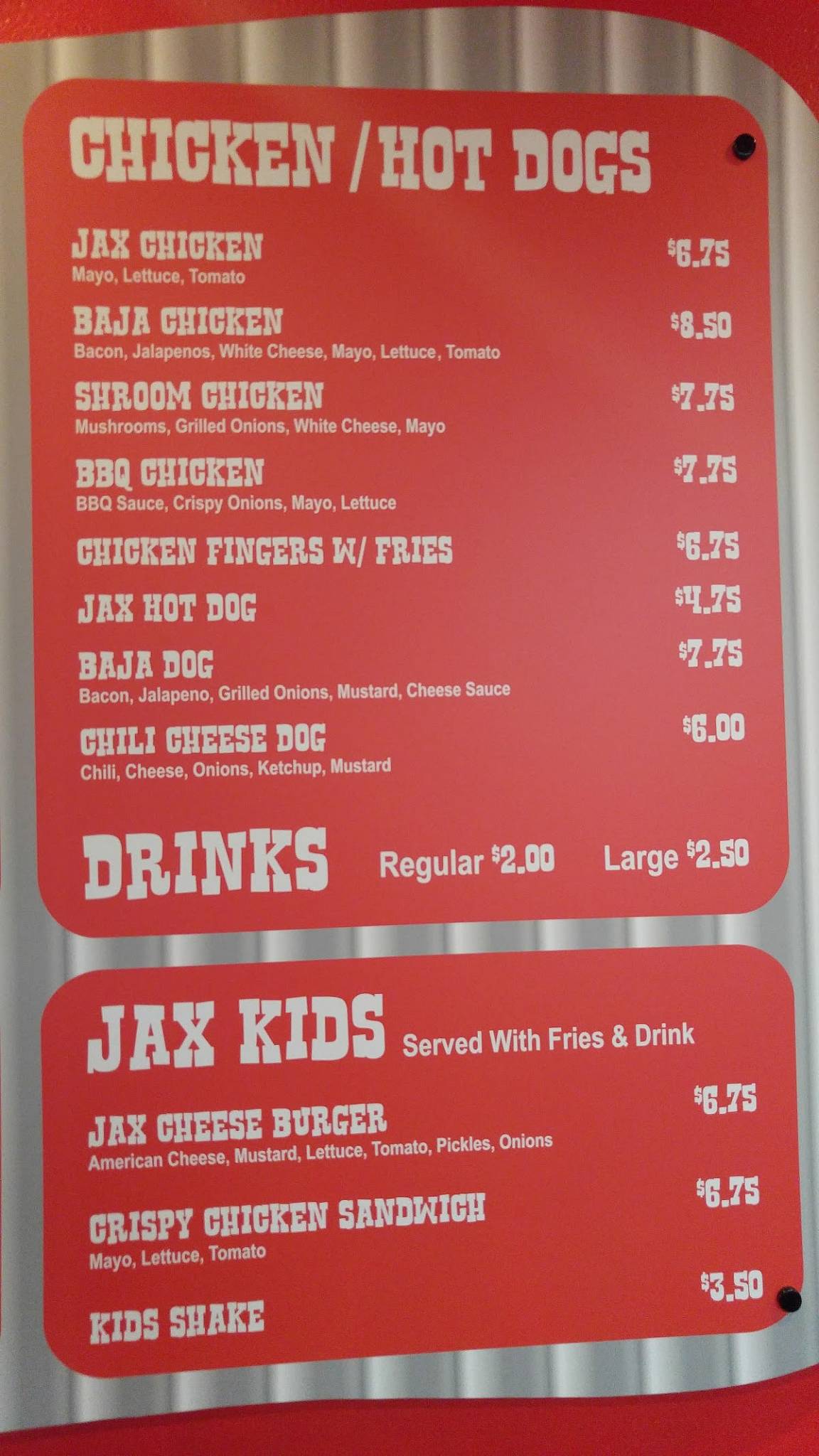 Menu at Jax Burger Fries & Shakes restaurant, Pearland, Broadway St