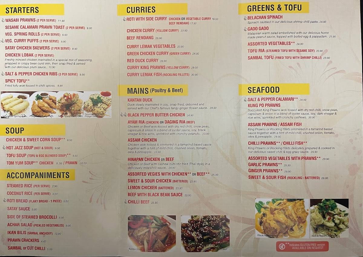 Menu at Jazz Ria Malaysian Restaurant, Balwyn