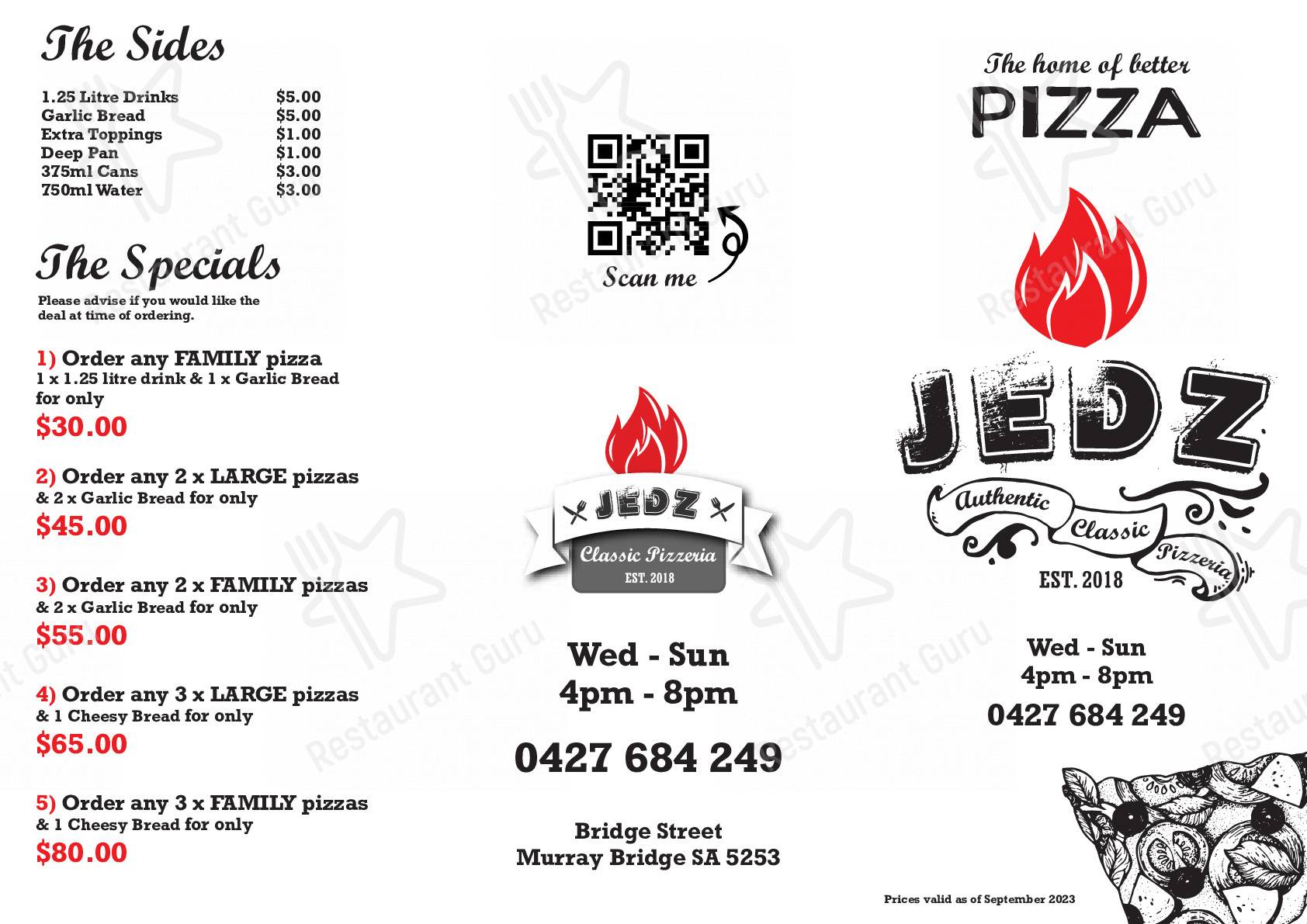 Menu at Jedz Pizzeria, Murray Bridge