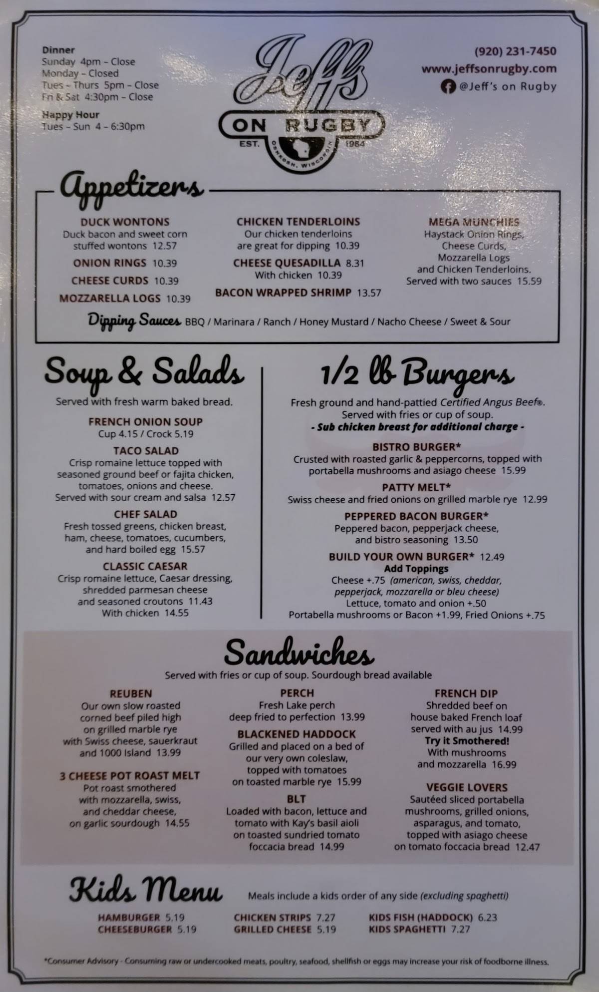 Menu at Jeff's On Rugby steakhouse, Oshkosh
