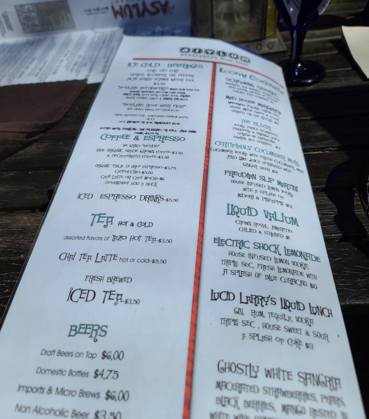 Menu at Asylum Restaurant, Jerome