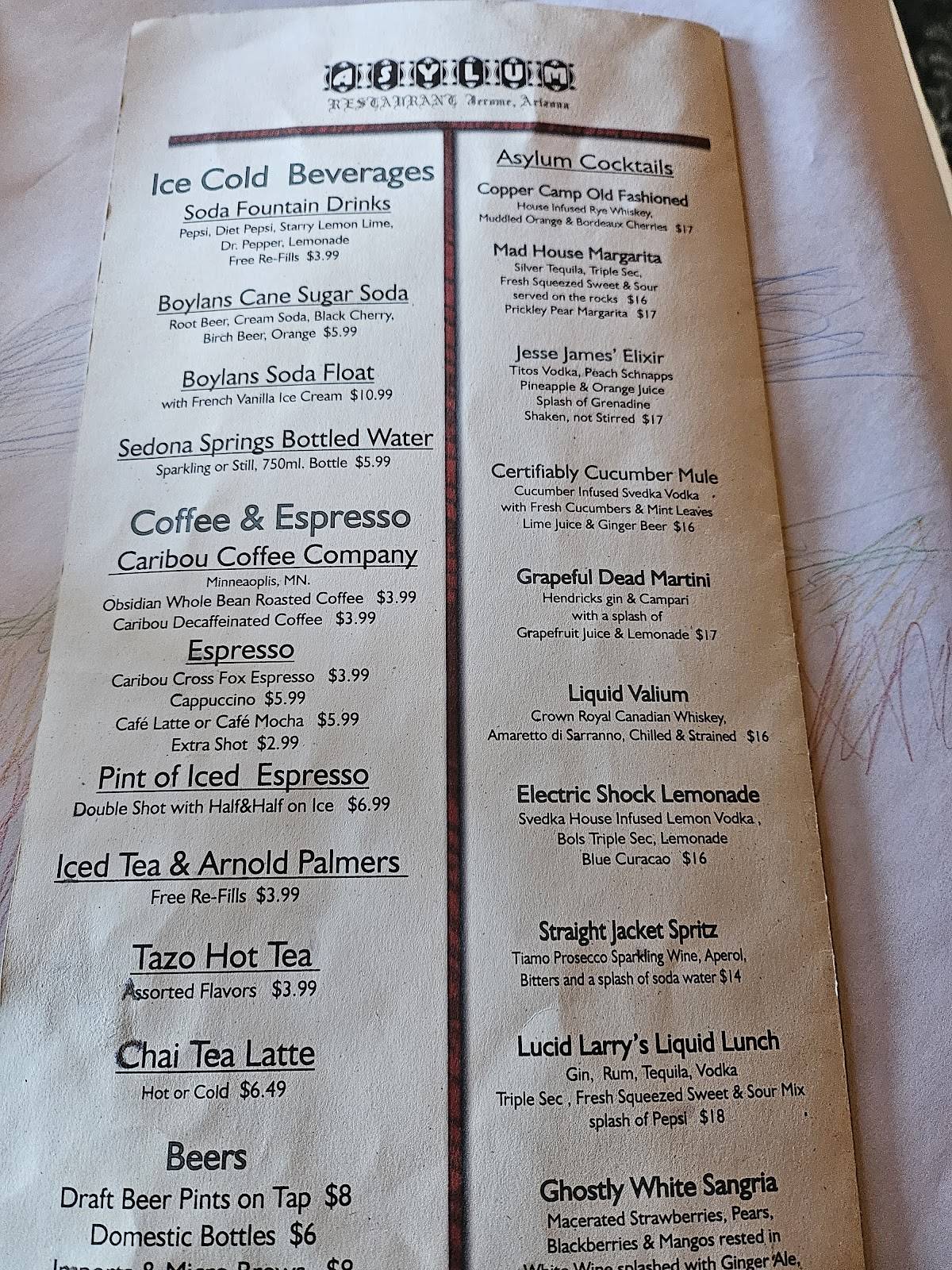 Menu at Asylum Restaurant, Jerome