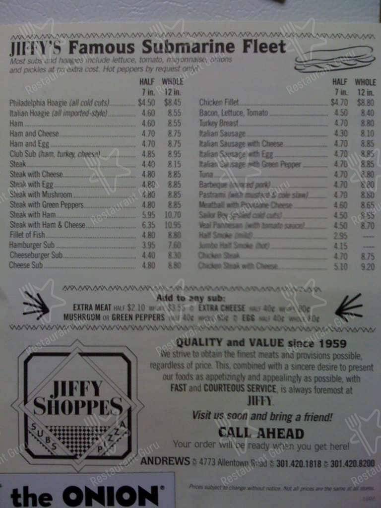 Menu at Jiffy Shoppes pizzeria, Morningside, Allentown Rd