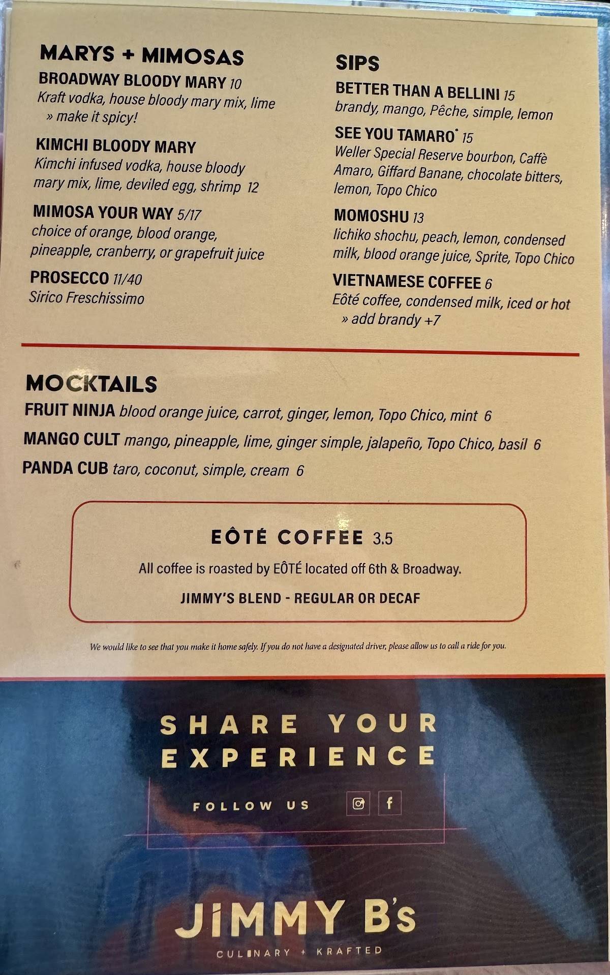 Menu at Jimmy B's Culinary + Krafted restaurant, Oklahoma City