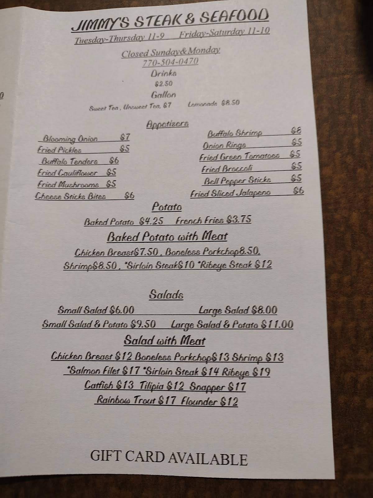 Menu at Jimmy's Steak and Seafood steakhouse, Jackson
