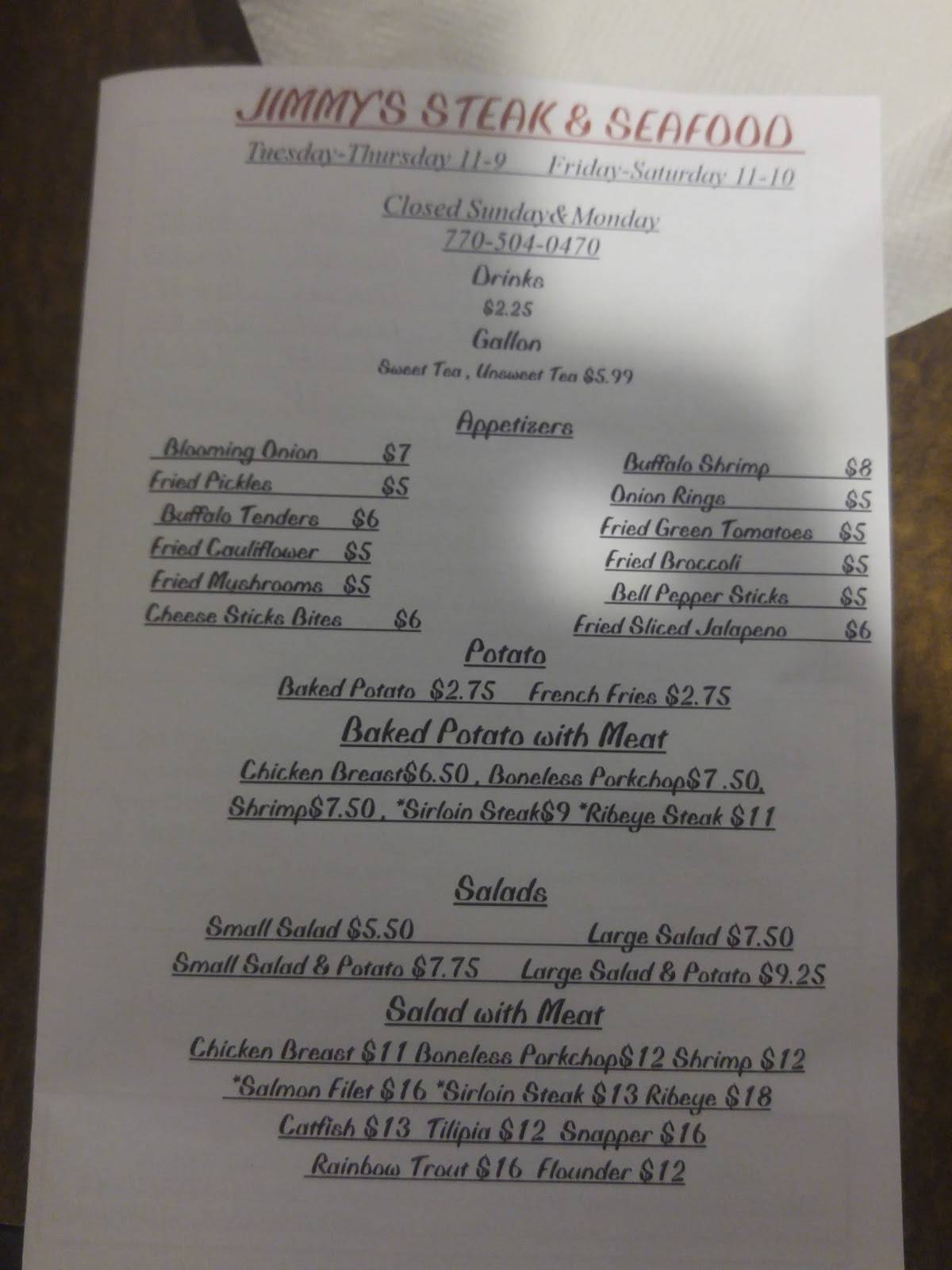 Menu at Jimmy's Steak and Seafood steakhouse, Jackson