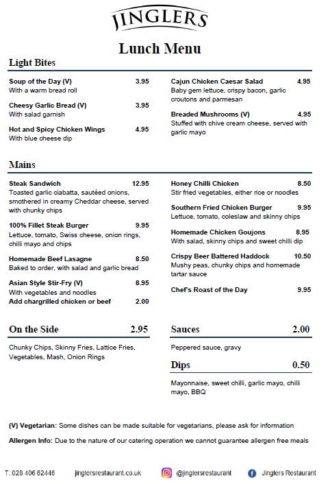 Menu at Jinglers Restaurant, Banbridge