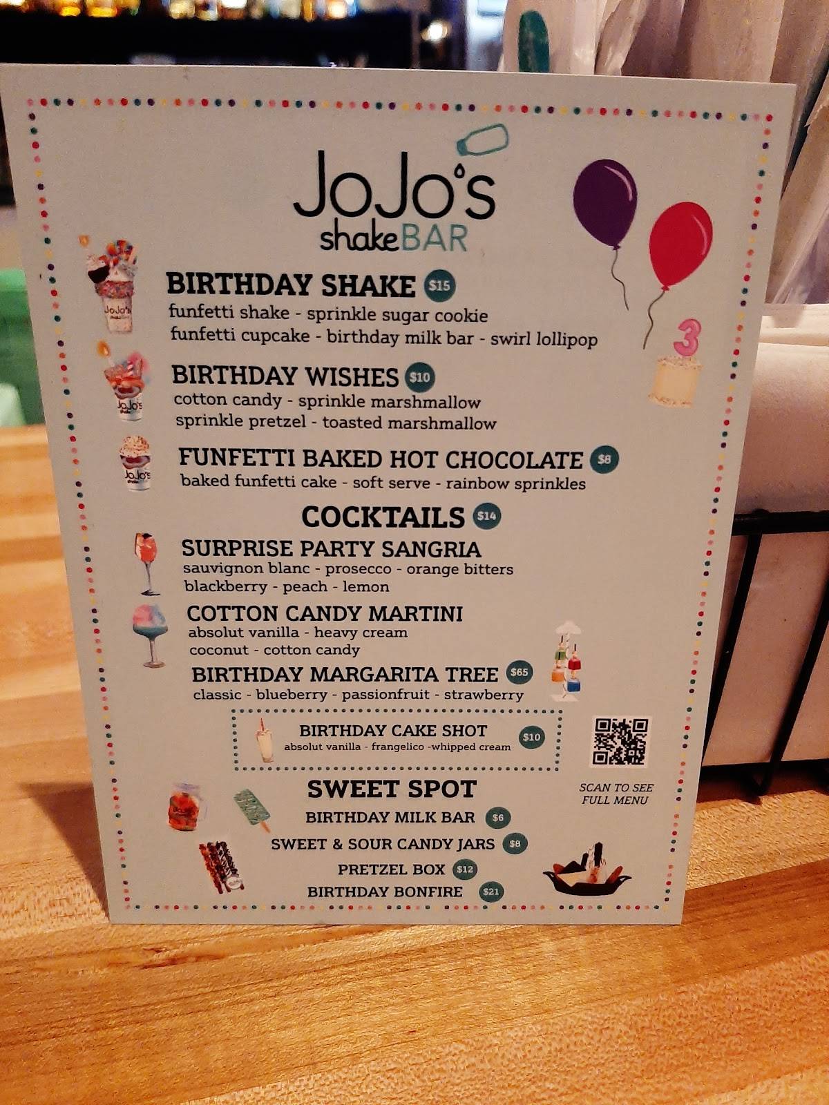 Menu at JoJo's Shake Bar -River North, Chicago, 23 W Hubbard St
