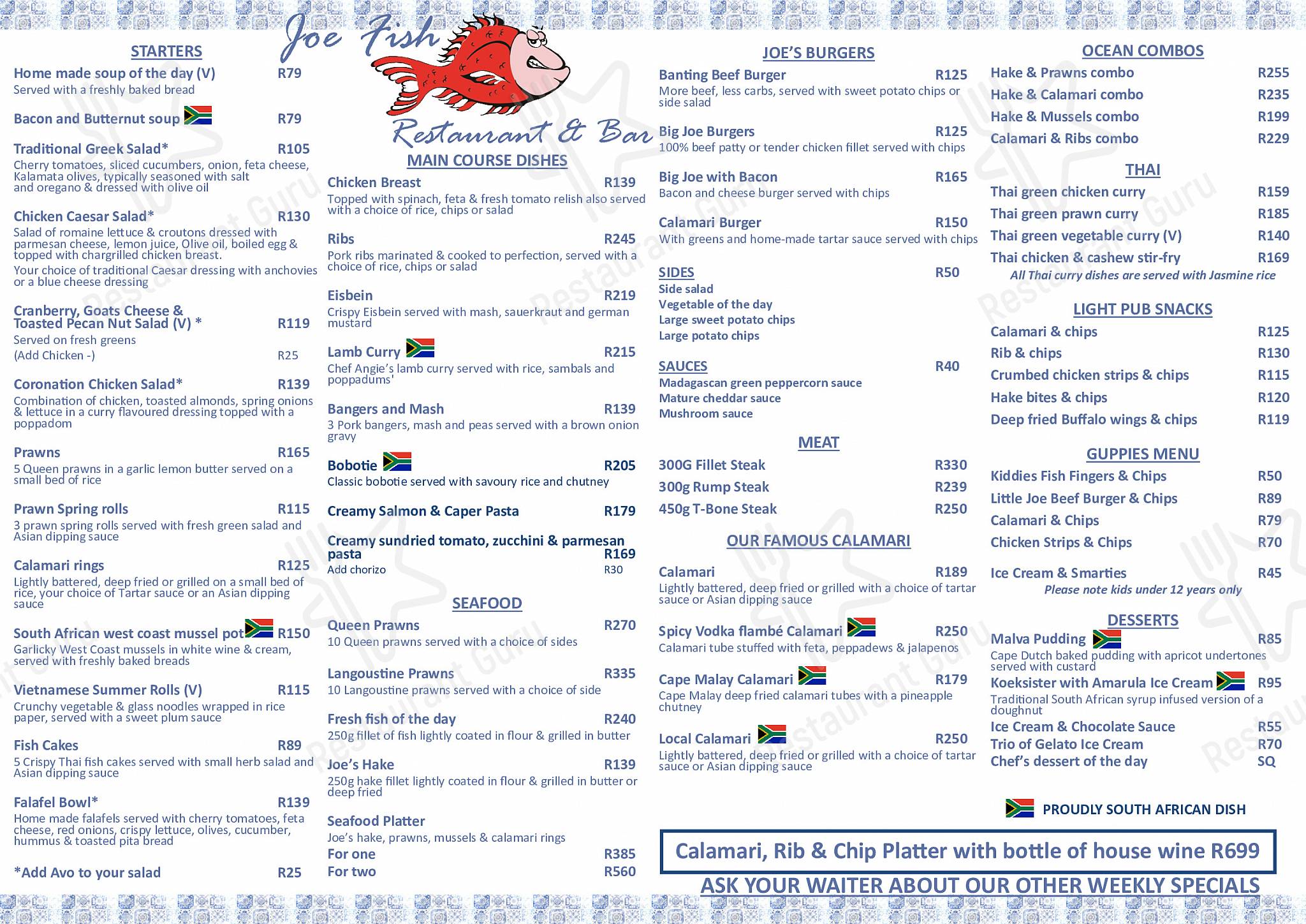 Menu at Joe Fish pub & bar, Cape Saint Francis