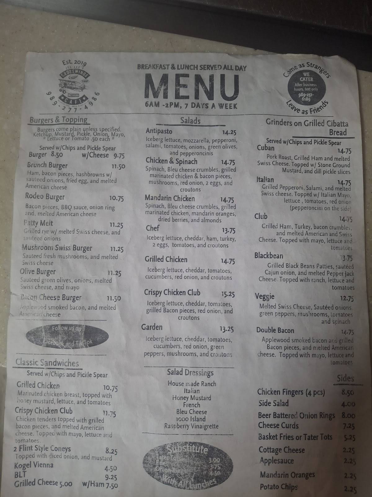 Menu at Joe-Lee's Crosswind Cafe, Owosso