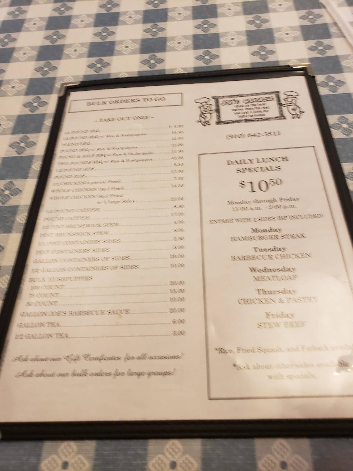 Menu at Joe's Old Fashioned Barbecue, Whiteville, 500 Green Hill Dr