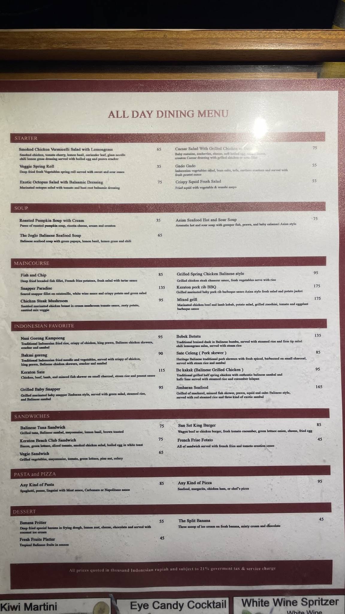 Menu at Joglo Restaurant, Kuta Selatan