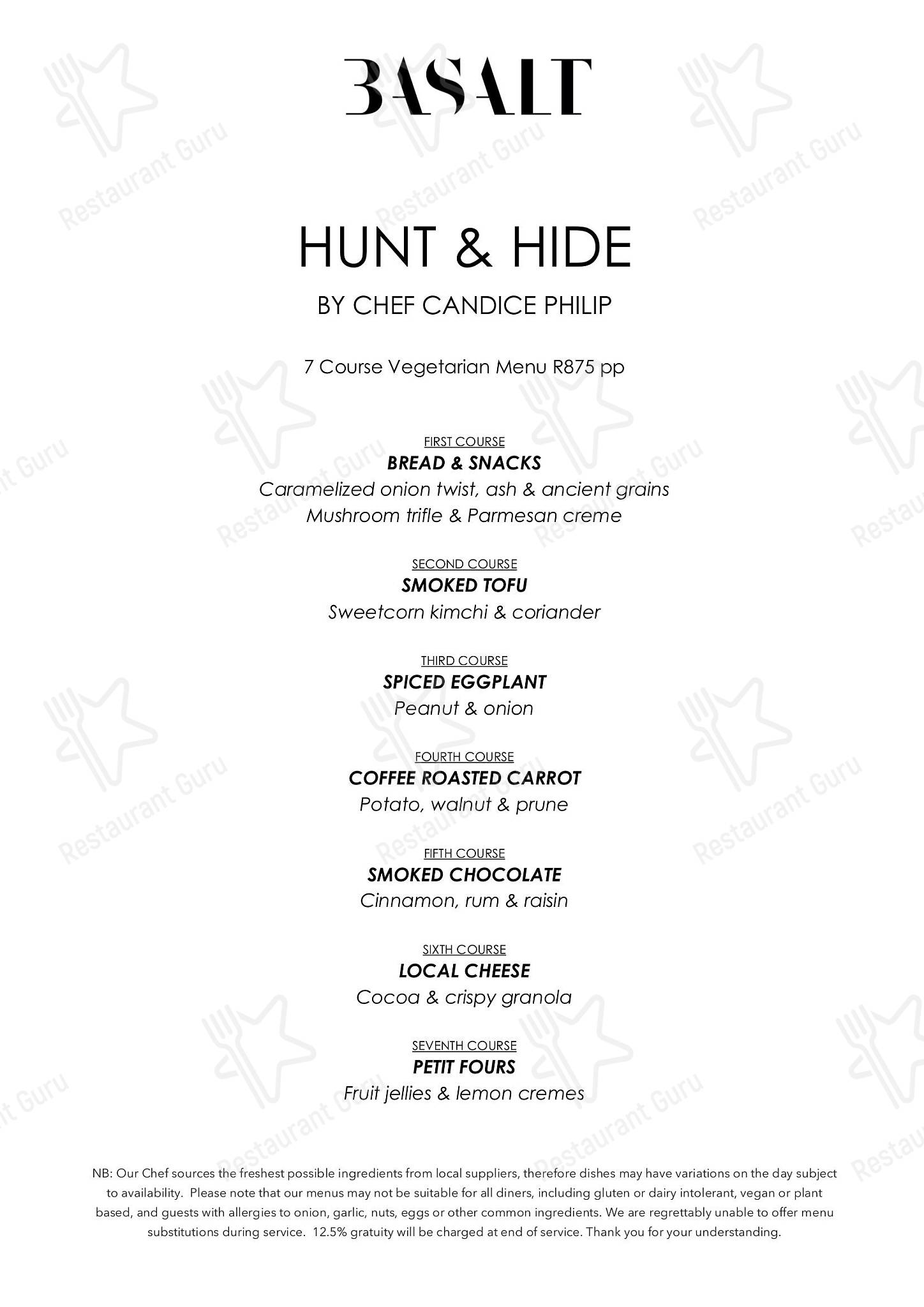 Menu at Basalt Restaurant, Johannesburg