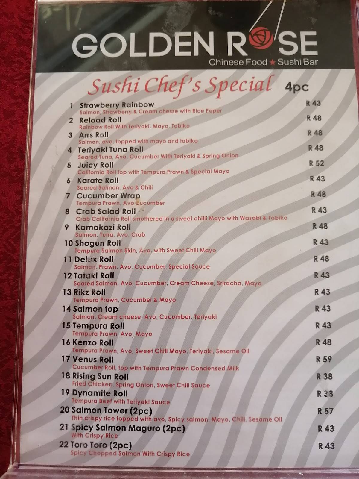 Menu at Golden Rose restaurant, Roodepoort, 107 Lange Ave