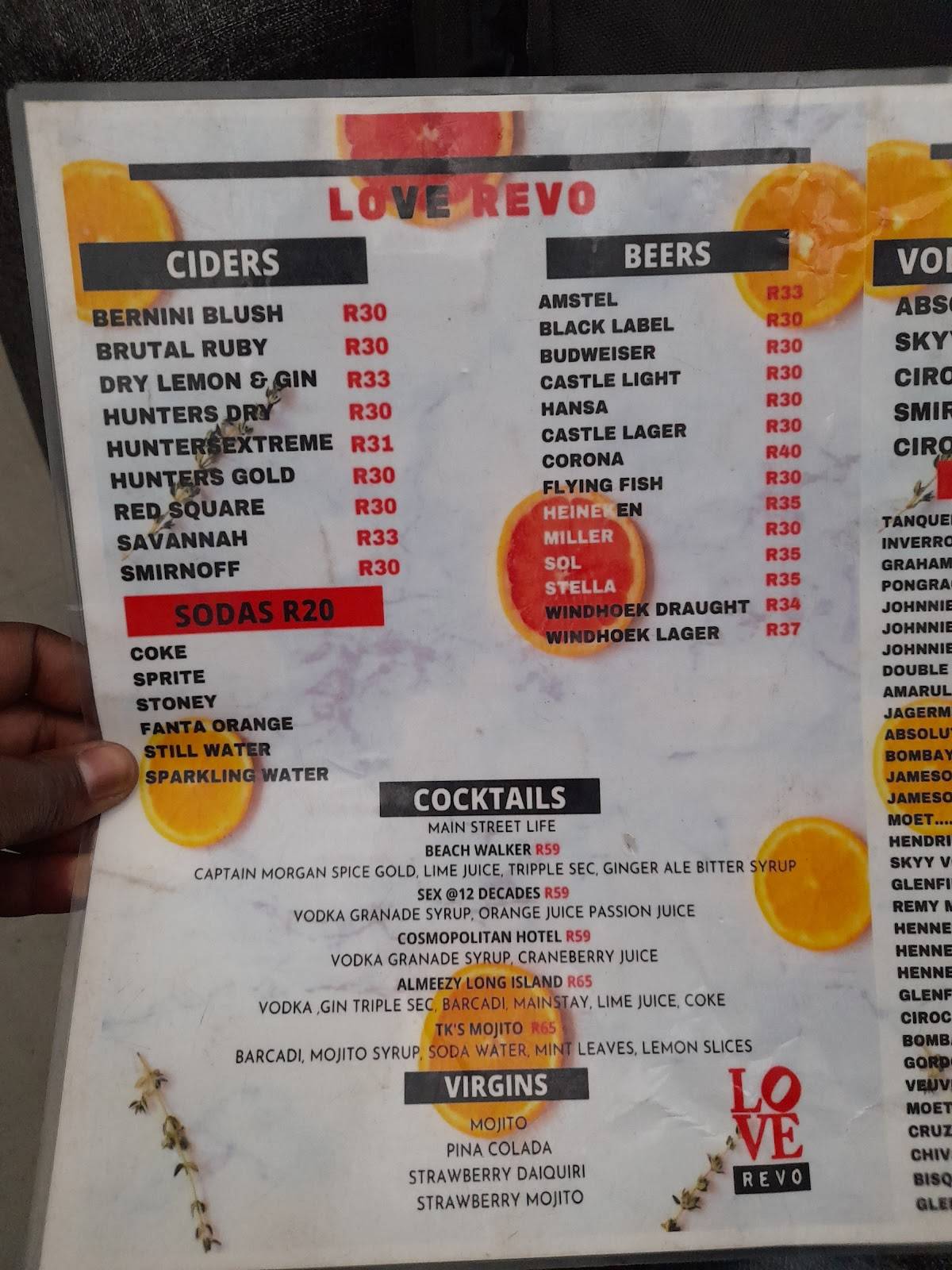 Menu at Love Revo Maboneng restaurant, Johannesburg