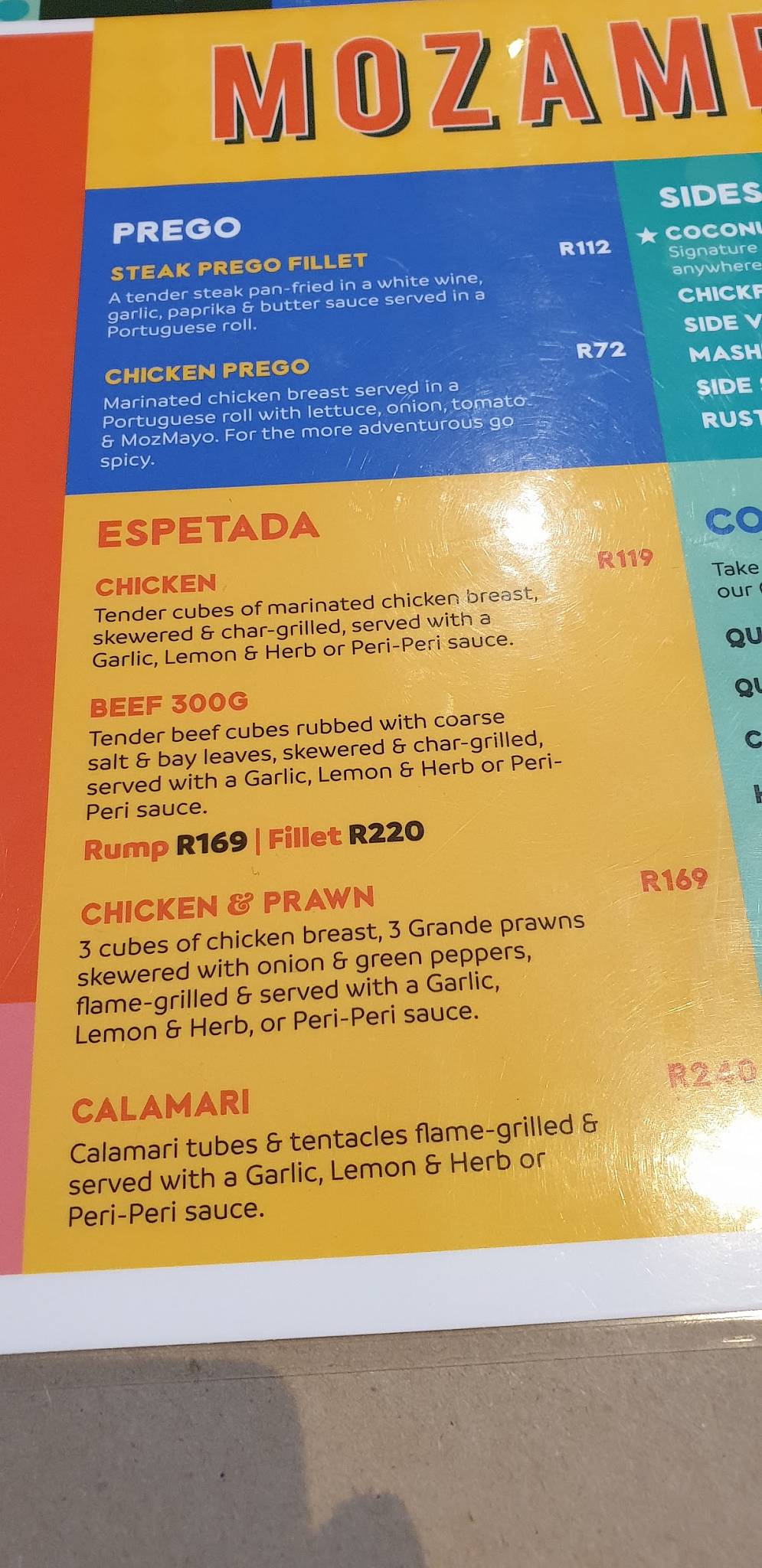 Menu at Mozambik Linksfield restaurant, Johannesburg, 110 Cnr of Club