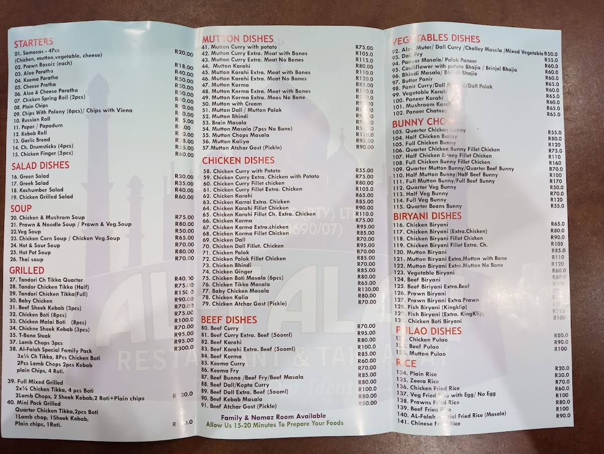 Menu at al-falah restaurant & takeway, Johannesburg, 8 Main Rd