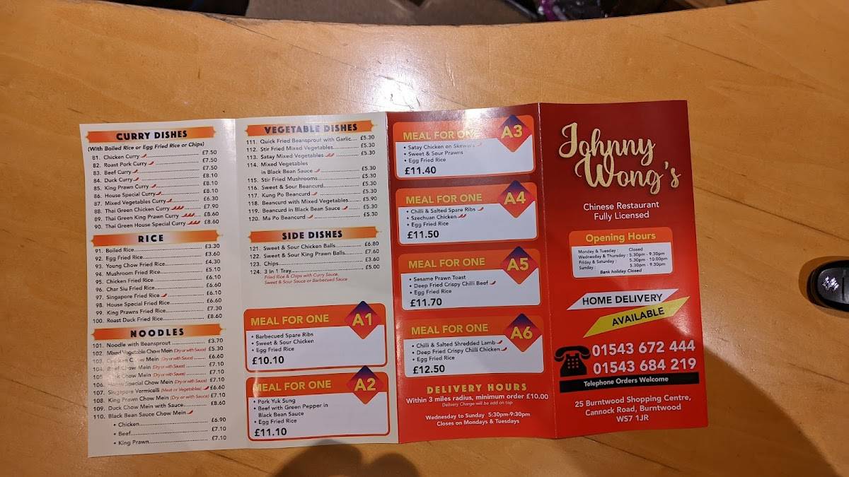 Menu at Johnny Wong's Chinese Restaurant (air Conditioning Restaurant ...