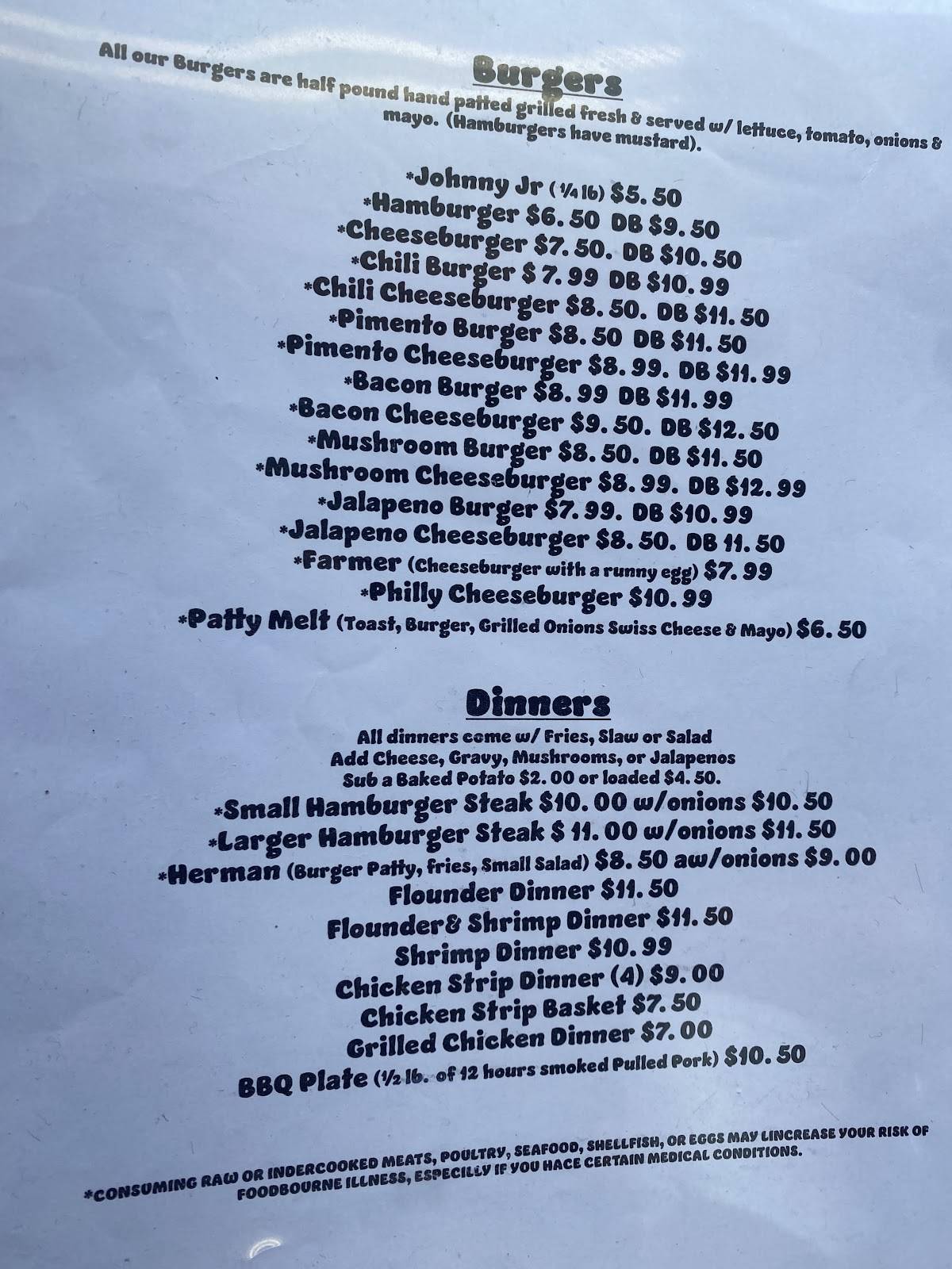 Menu at Johnny's Cheeseburger House restaurant, Ninety Six