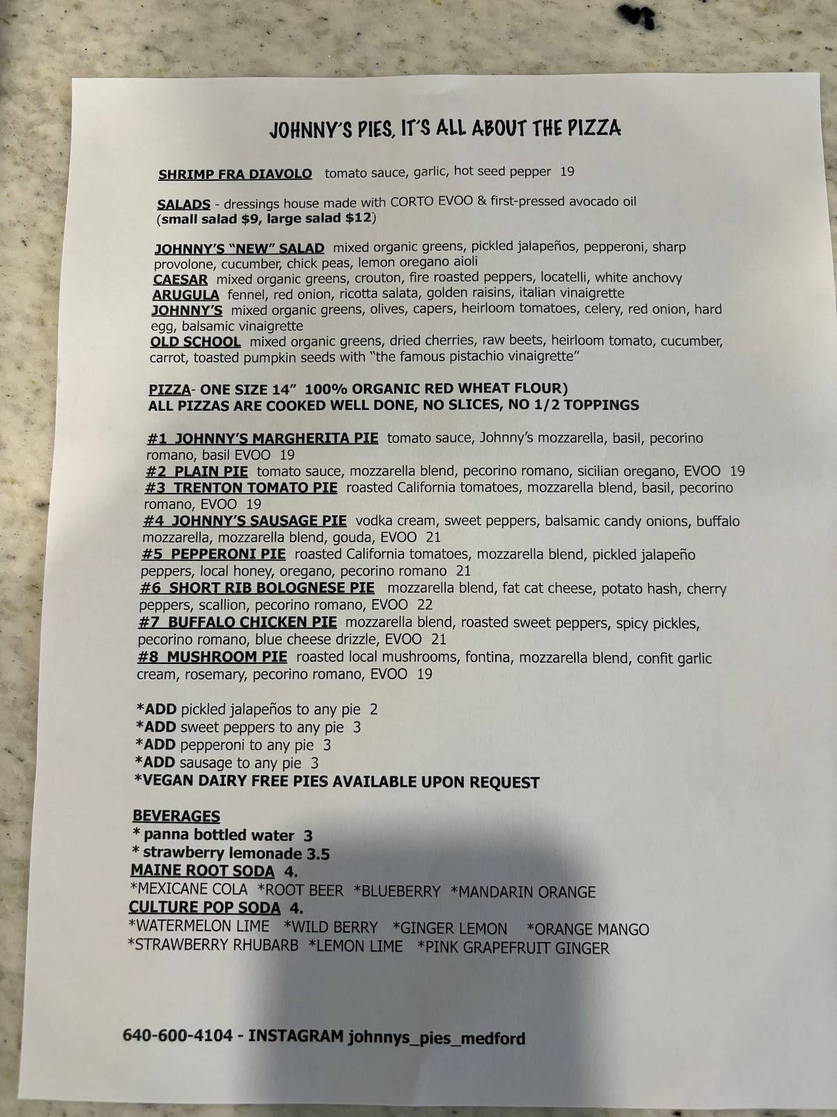 Menu at Johnny's Pies pizzeria, Medford