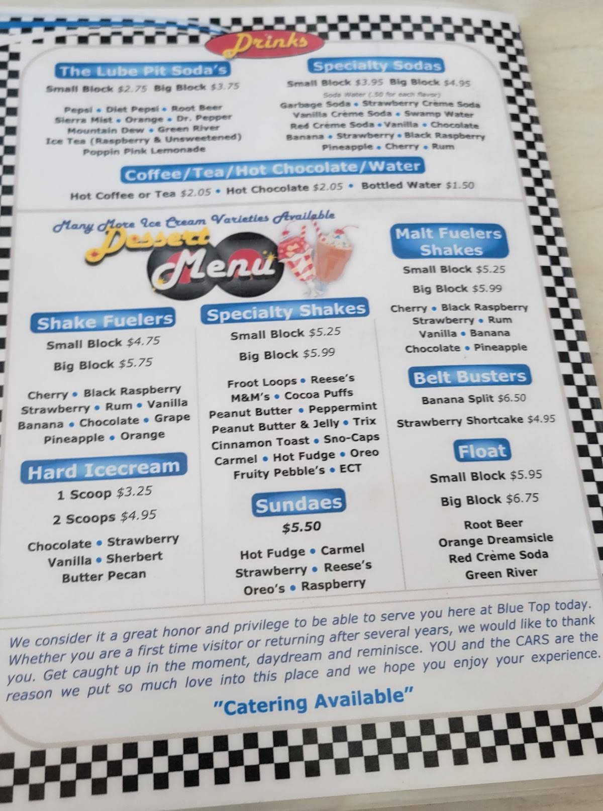 Menu at Johns’ Blue Top Drive In restaurant, Highland