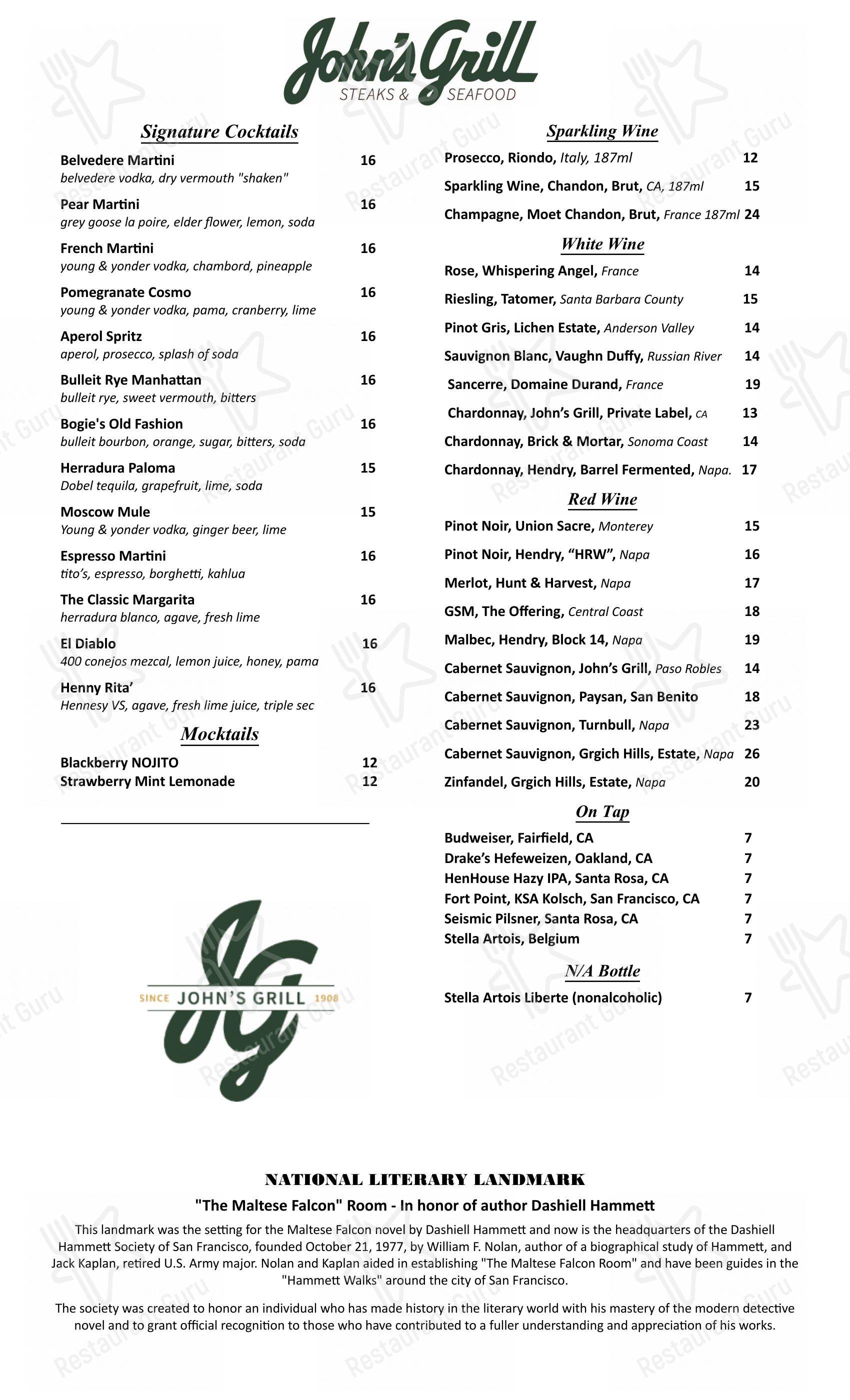 Menu at John's Grill steakhouse, San Francisco
