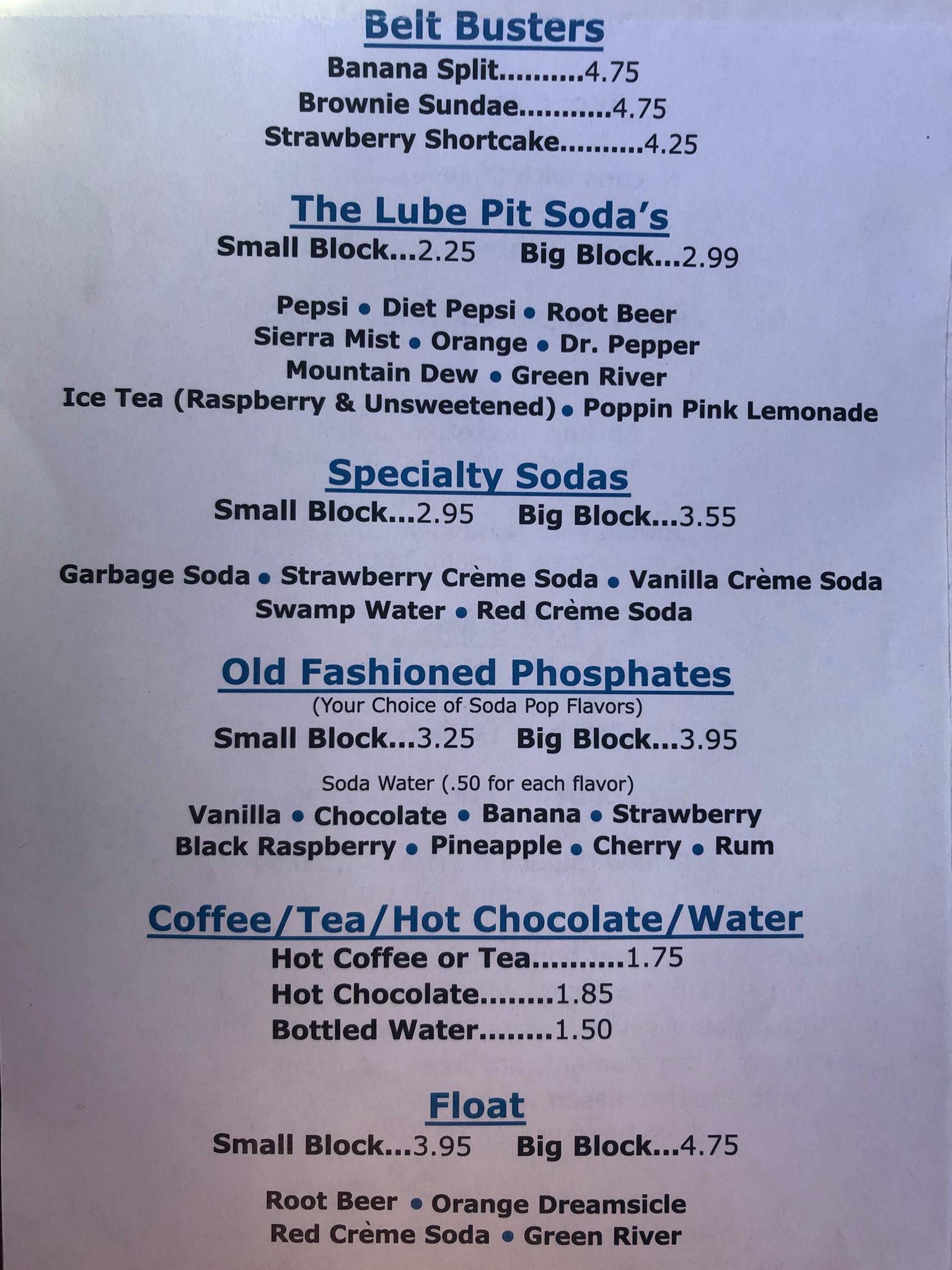 Menu at Johns’ Blue Top Drive In restaurant, Highland