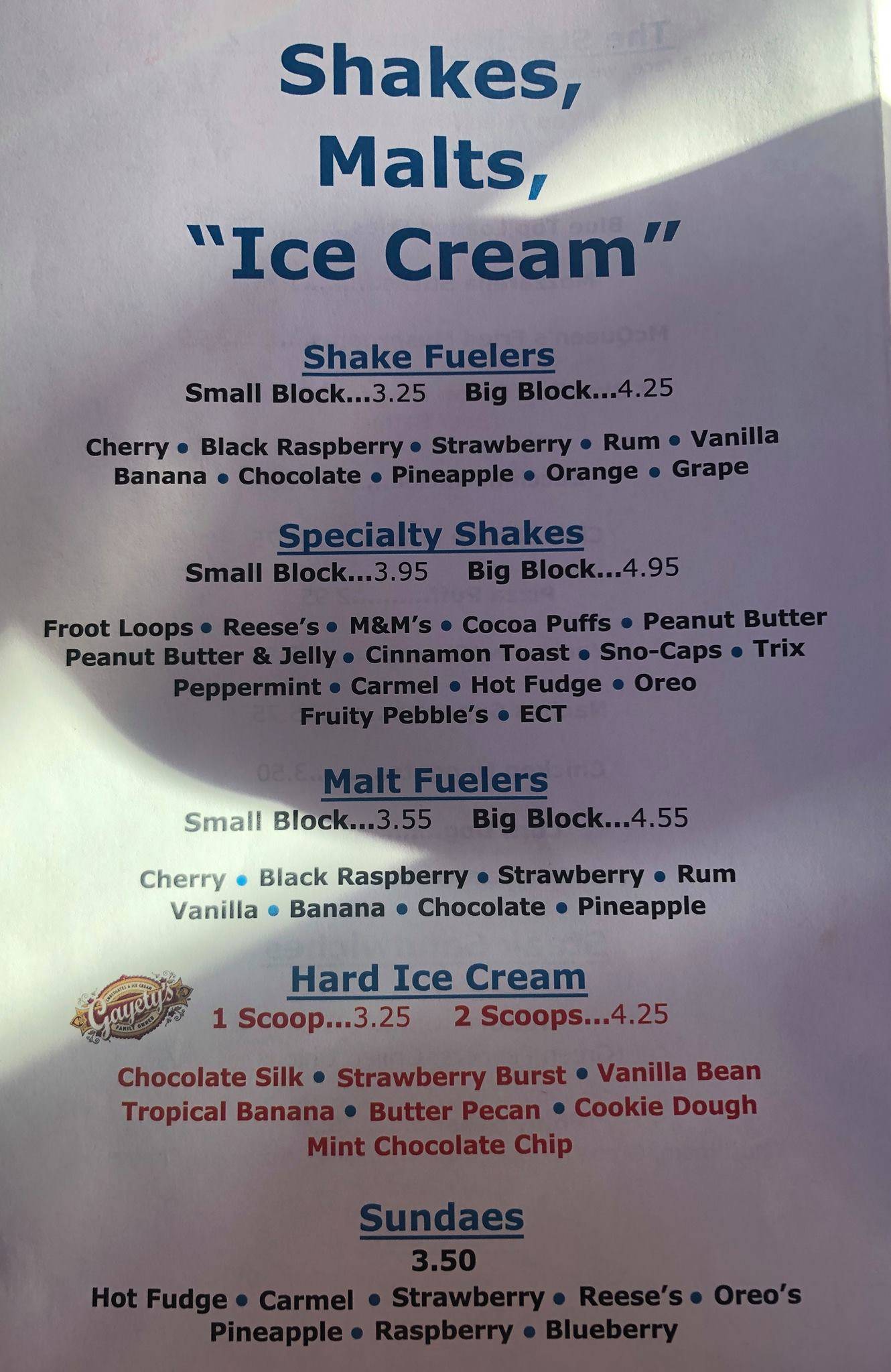 Menu at Johns’ Blue Top Drive In restaurant, Highland