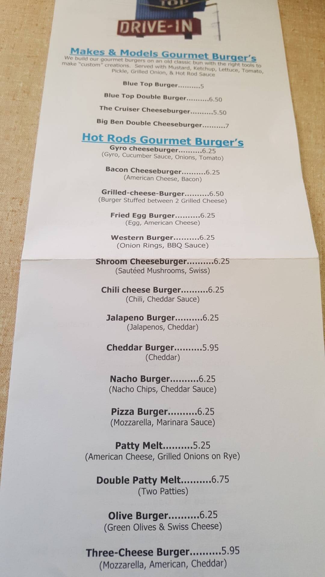 Menu at Johns’ Blue Top Drive In restaurant, Highland