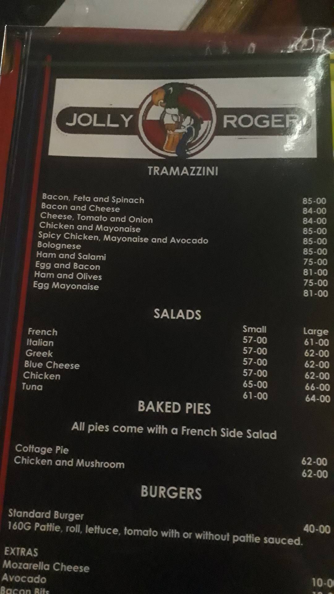 Menu at Jolly Roger restaurant, Randburg