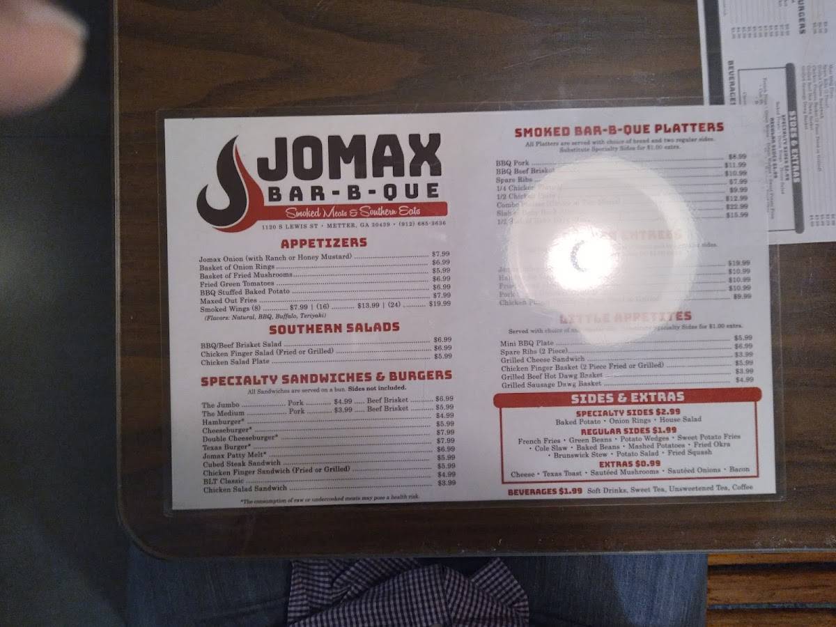 Menu at Jomax BBQ, Metter
