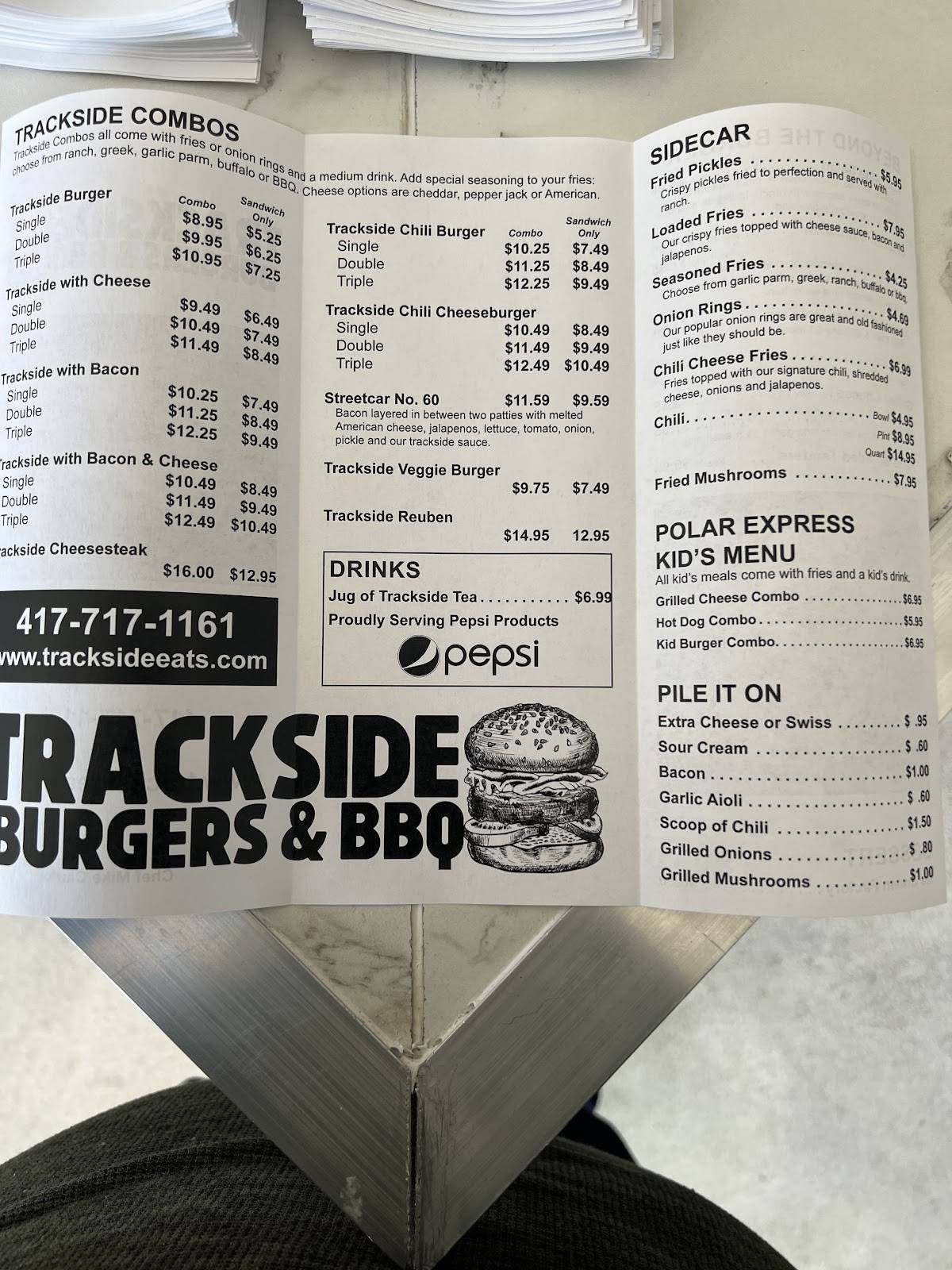 Menu at Trackside Burgers restaurant, Joplin, W 10th St