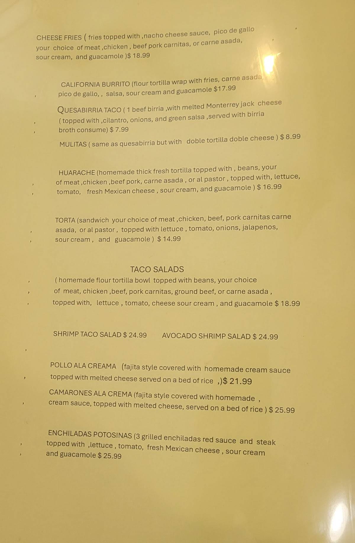 Menu at Julio's Grill restaurant, Burney