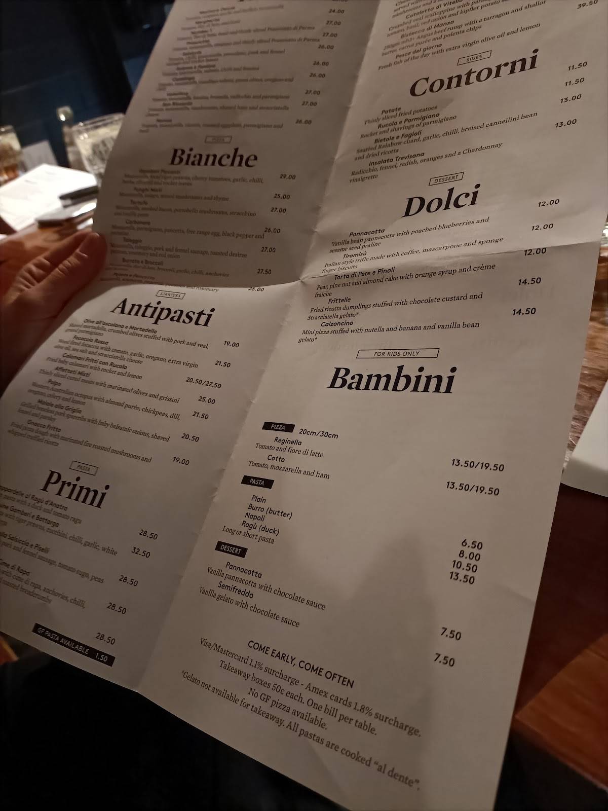 Menu at Julius Pizzeria, South Brisbane