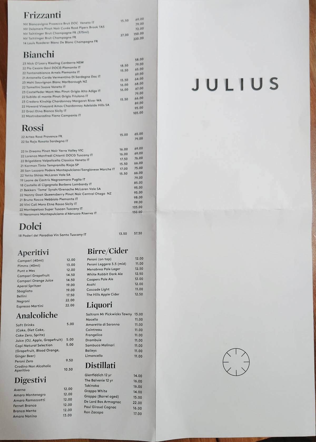 Menu at Julius Pizzeria, South Brisbane