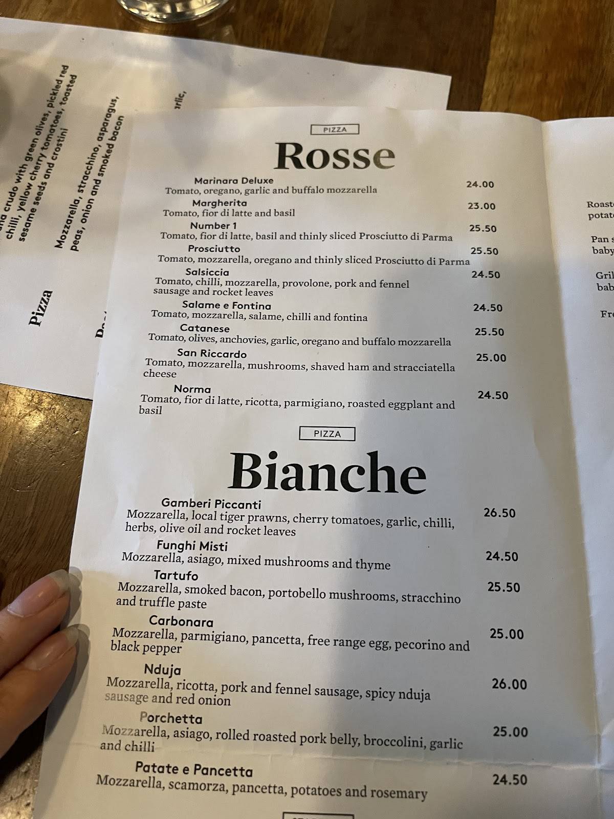 Menu at Julius Pizzeria, South Brisbane