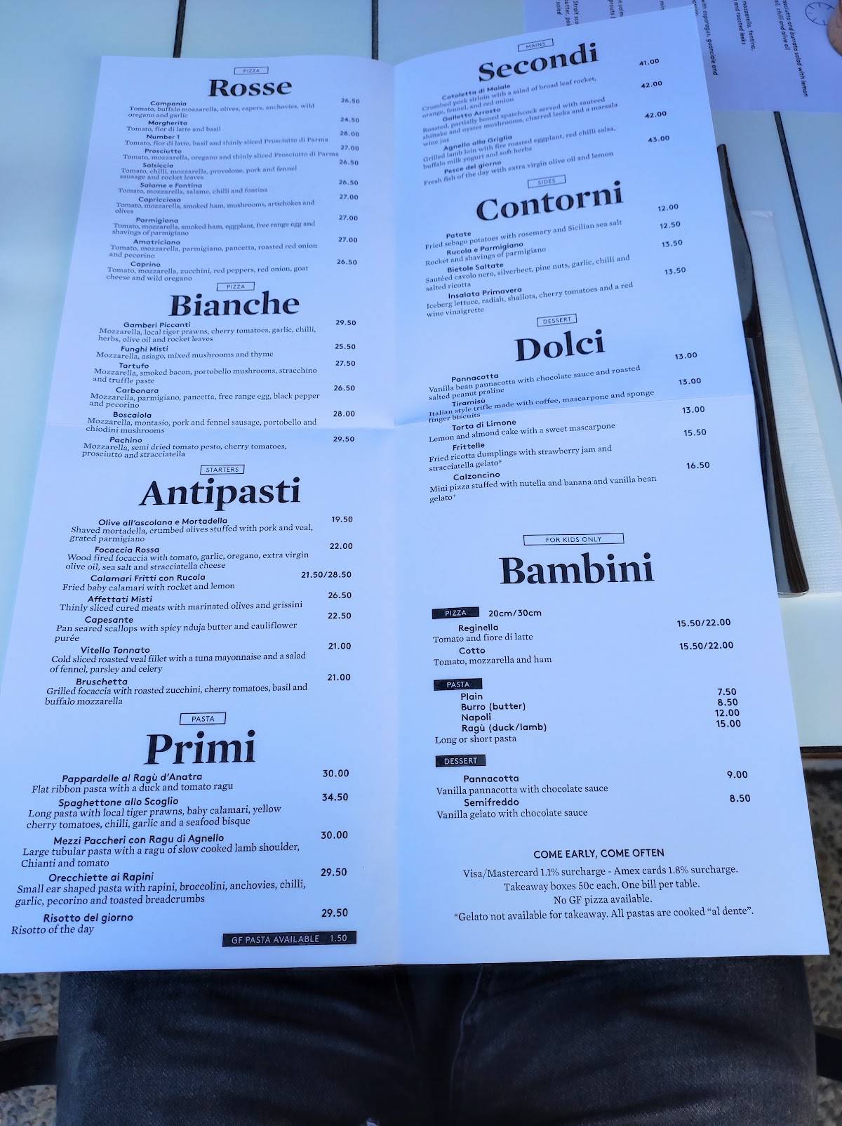 Menu at Julius Pizzeria, South Brisbane