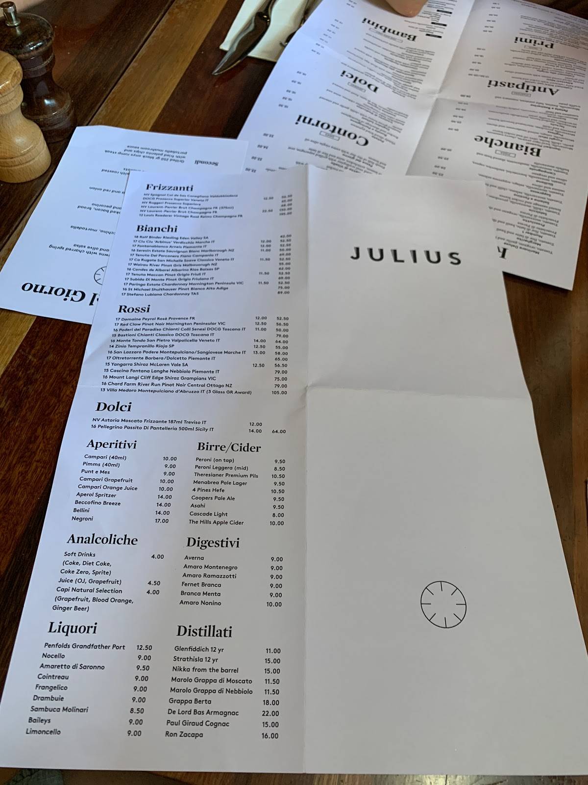 Menu at Julius Pizzeria, South Brisbane