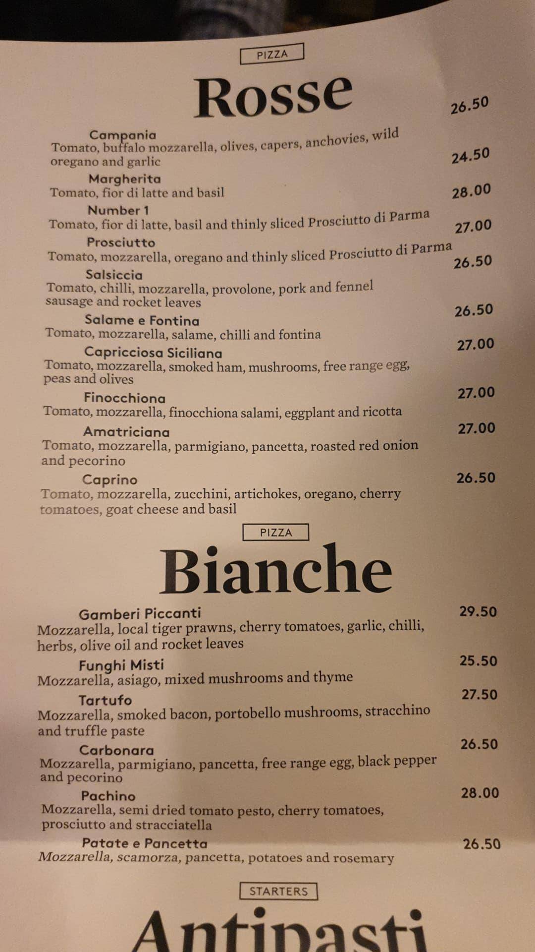 Menu at Julius Pizzeria, South Brisbane