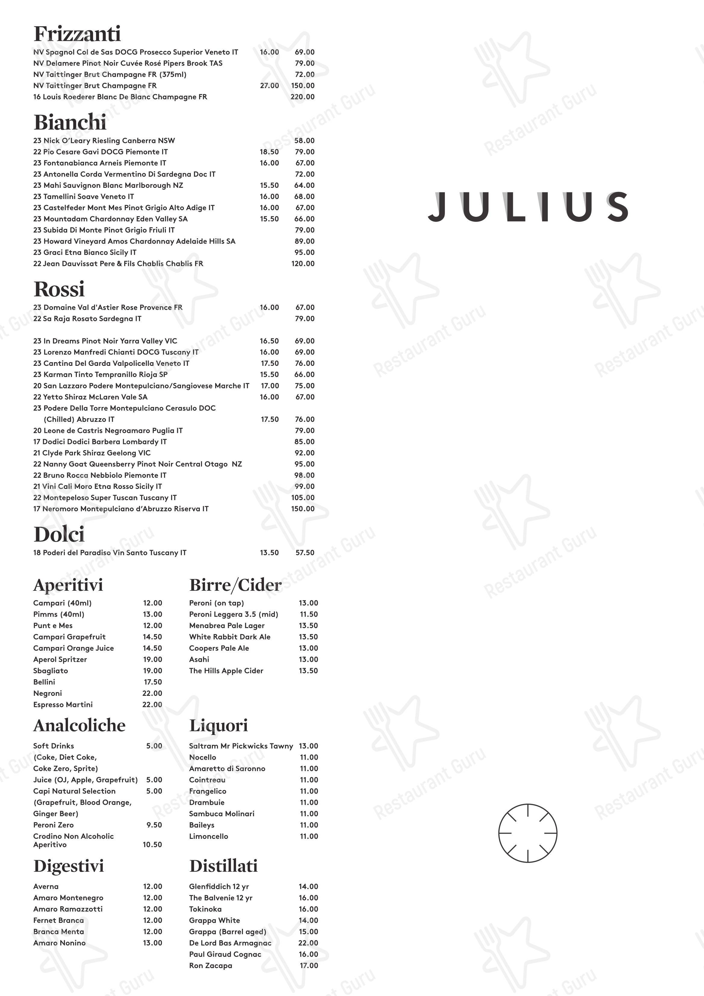 Menu at Julius Pizzeria, South Brisbane