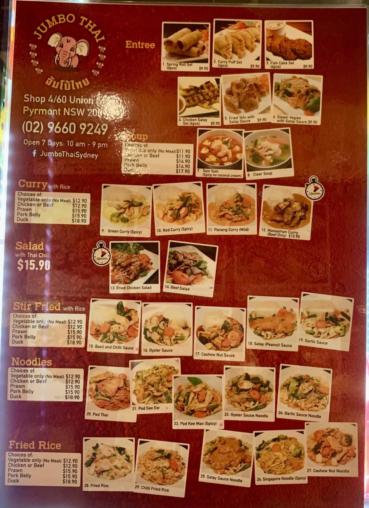Menu at Jumbo Thai restaurant, Pyrmont, 60 Union St