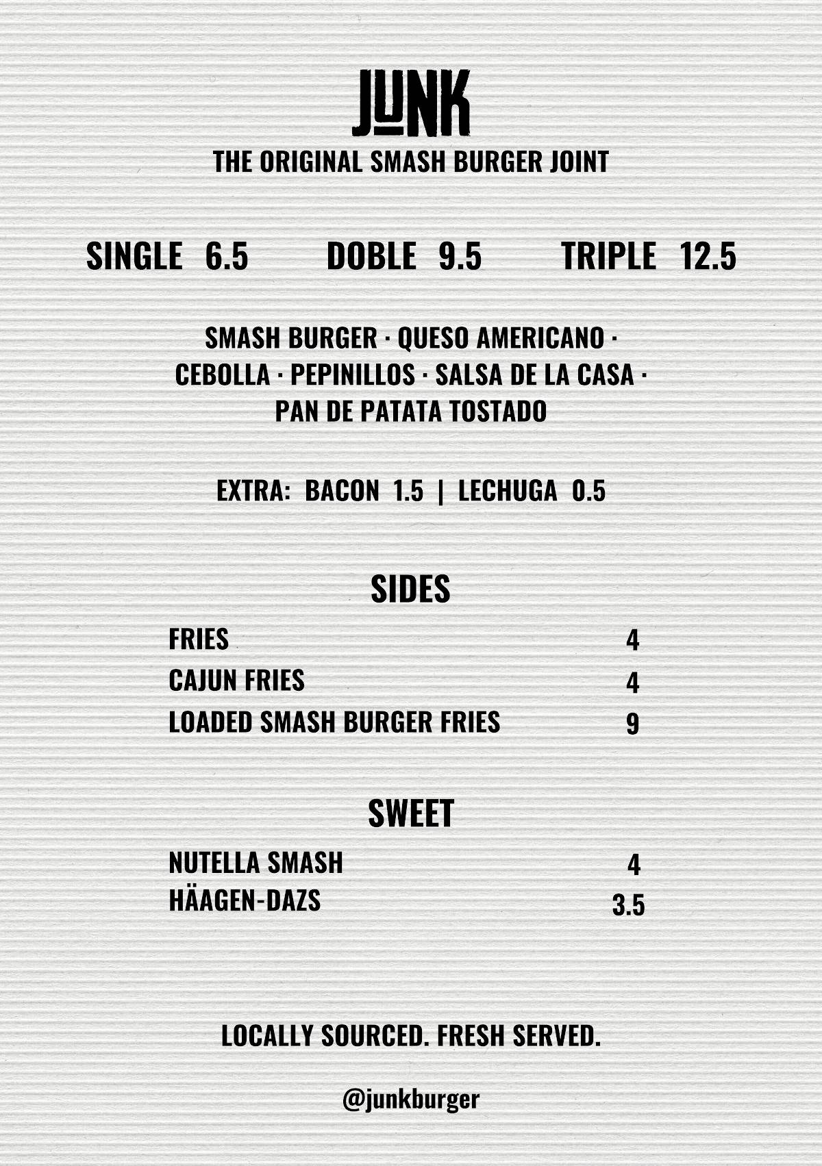 Carta del restaurante JUNK, Madrid, Calle del José Abascal