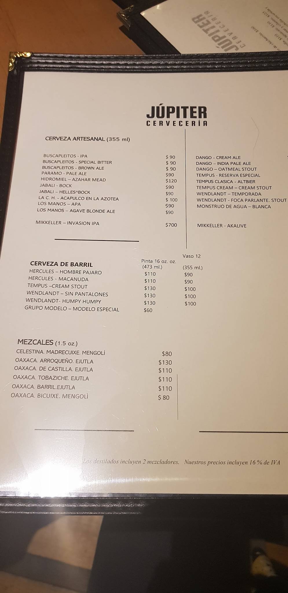 Carta del pub y bar Júpiter Cervecería, Ciudad del México, Malintzin 199